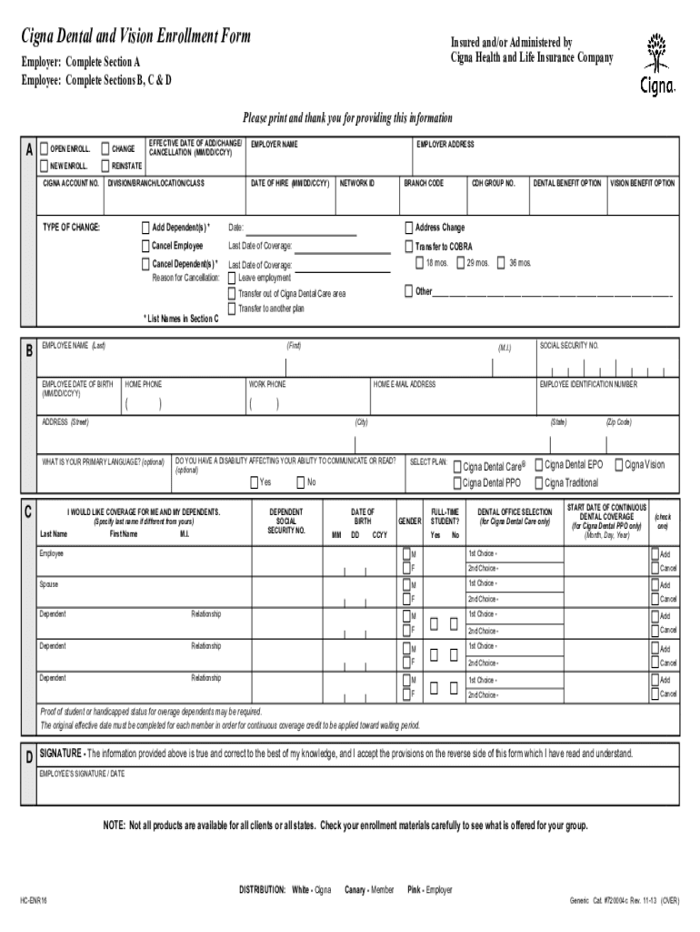 Fillable Online Cigna Dental and Vision Enrollment Form Fax Email Print - pdfFiller