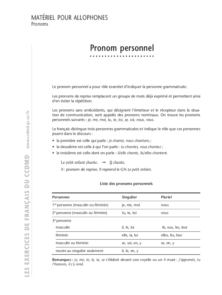 Fillable Online (PDF) Pronom personnel MATRIEL POUR ALLOPHONES ... Fax ...