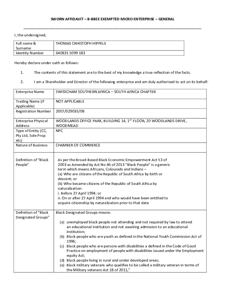 Fillable Online sworn affidavit b-bbee exempted micro enterprise ...