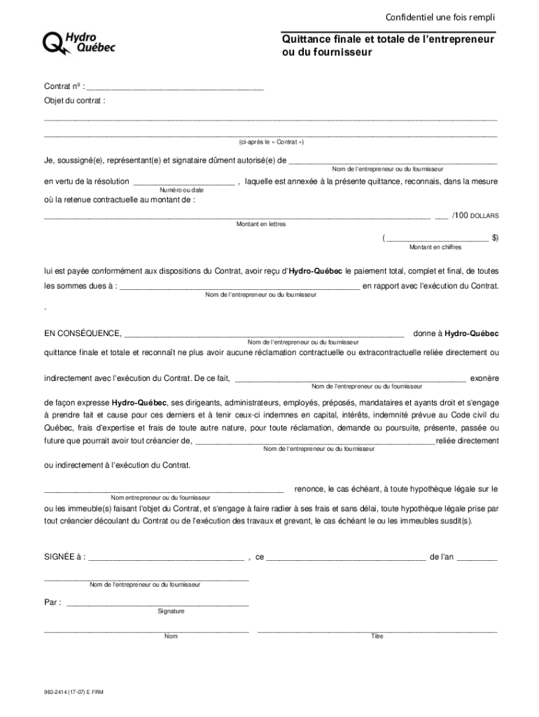Fillable Online Quittance finale et totale de lentrepreneur ou du ...