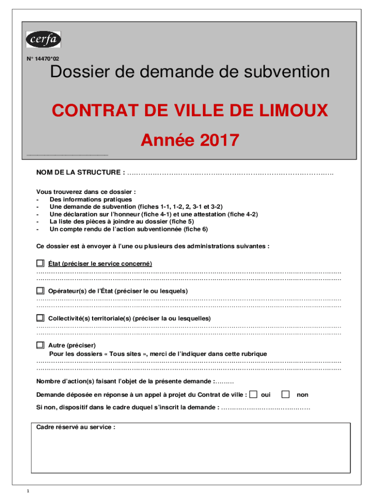 Fillable Online Dossier de demande de subvention CONTRAT DE VILLE DE ...