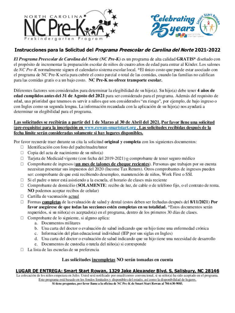 Fillable Online NC Pre-Kindergarten Application Instructions 2021-2022 ...
