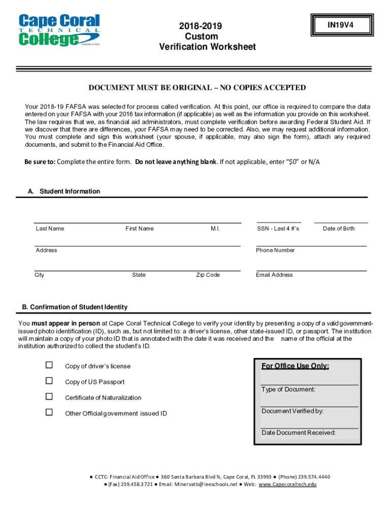 Fillable Online 2018-2019 Custom Verification Worksheet - Cape Coral ... Fax Email Print - pdfFiller