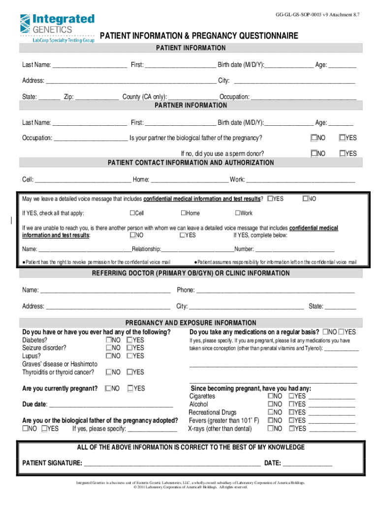 Fillable Online PATIENT INFORMATION & PREGNANCY QUESTIONNAIRE - Mednax ...