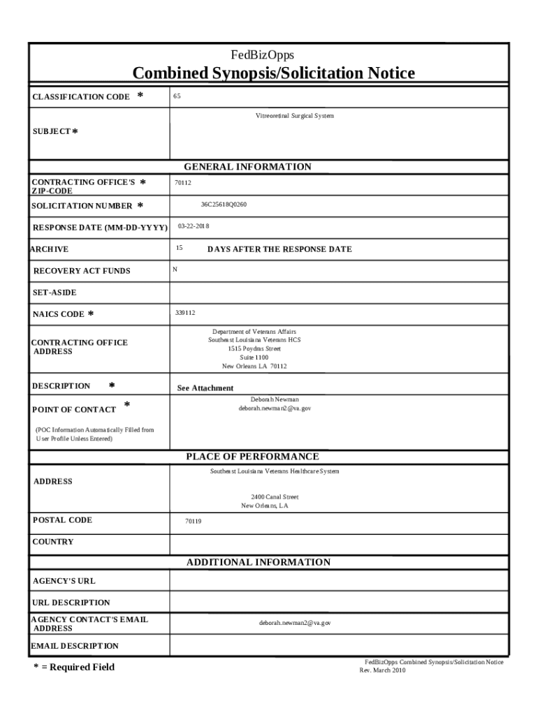 DOC Combined Synopsis/Solicitation Notice - VA Vendor Portal Doc Template | pdfFiller