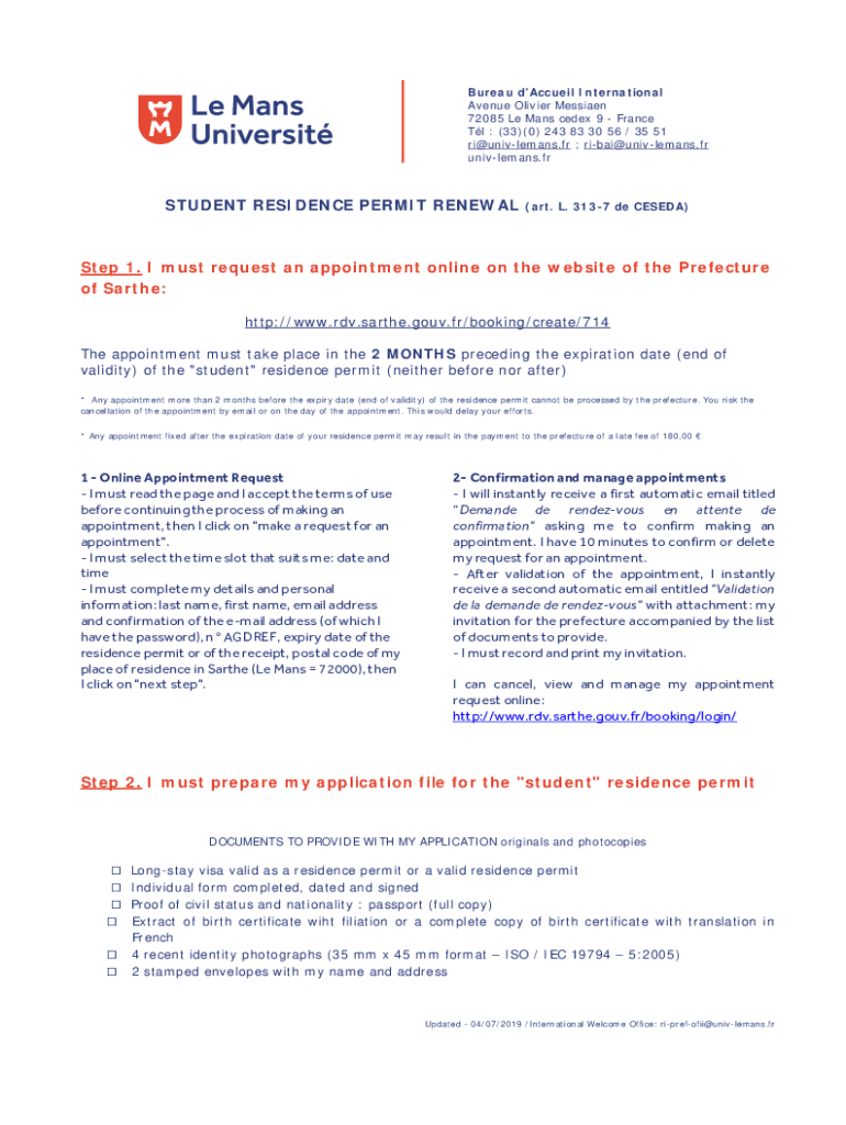 Fillable Online STUDENT RESIDENCE PERMIT RENEWAL (art. L. 313-7 de ...
