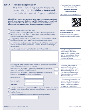 Fillable Online Form PA1A: Apply for probate by post if there is not a ...