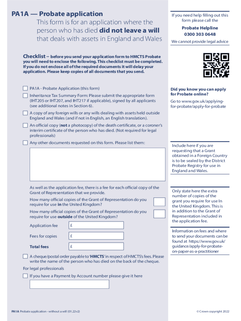 Fillable Online Form PA1A: Apply for probate by post if there is not a ...