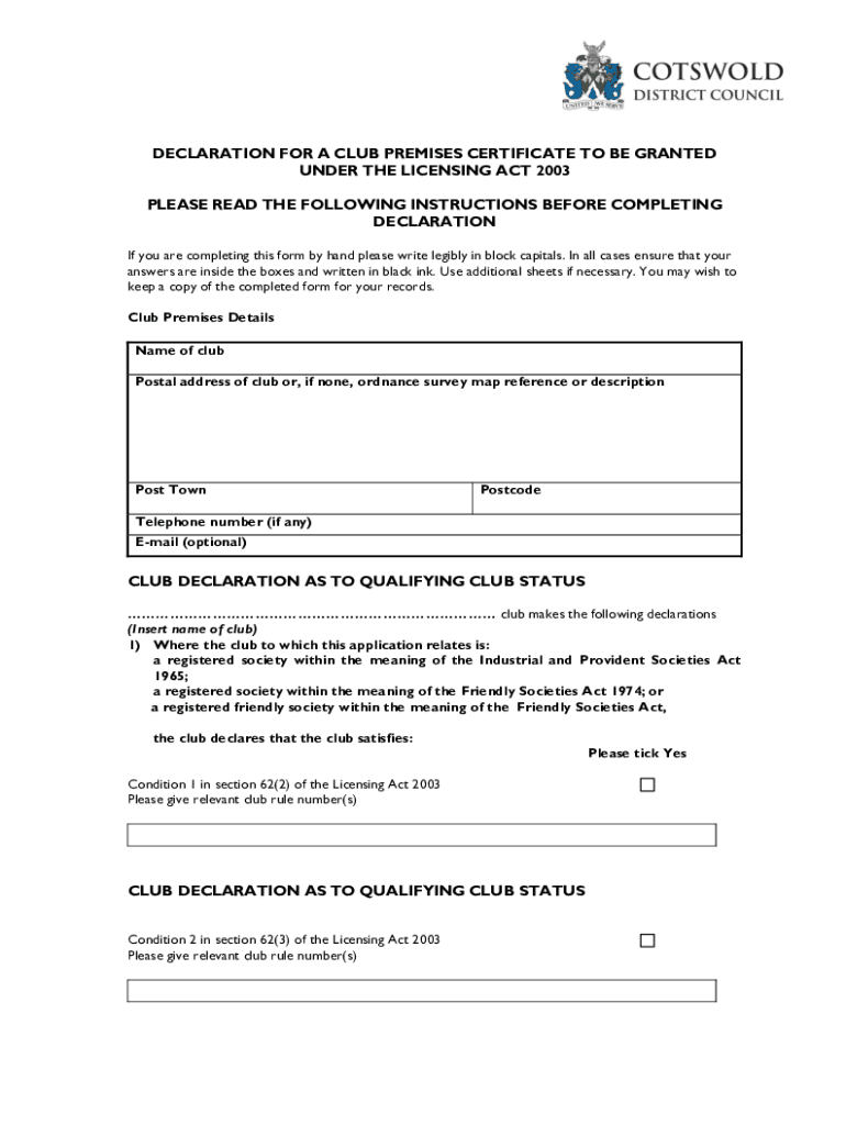 Fillable Online declaration for a club premises certificate to be granted Fax Email Print ...