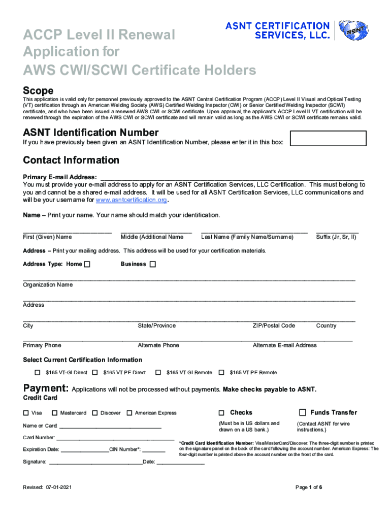 Fillable Online ACCP Level II Renewal Application for AWS CWI/SCWI Certificate ... Fax Email ...