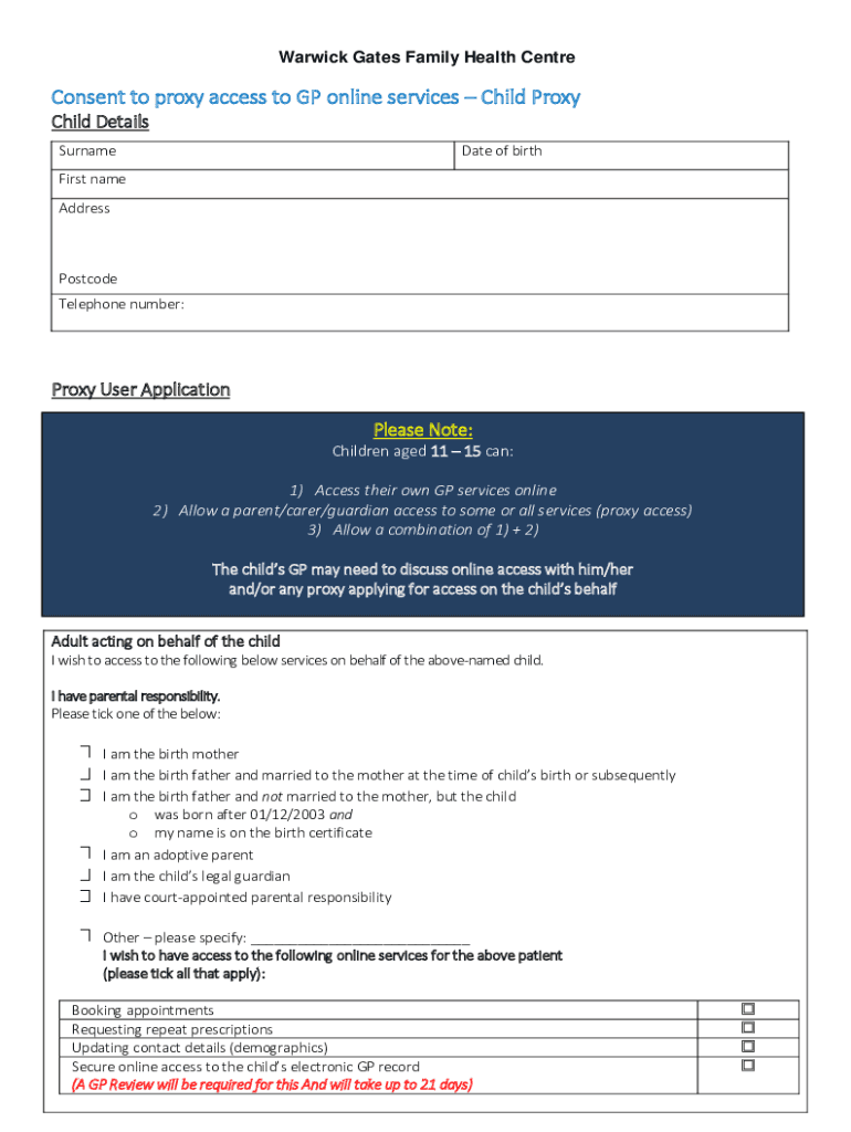 Fillable Online Consent for Proxy Access to GP Online Services Child ...