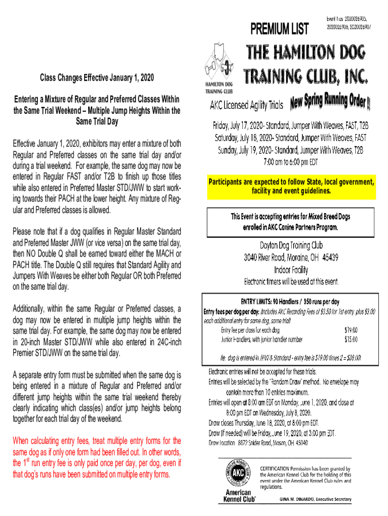 Fillable Online Class Changes Effective January 1 ... - Hamilton Dog ...