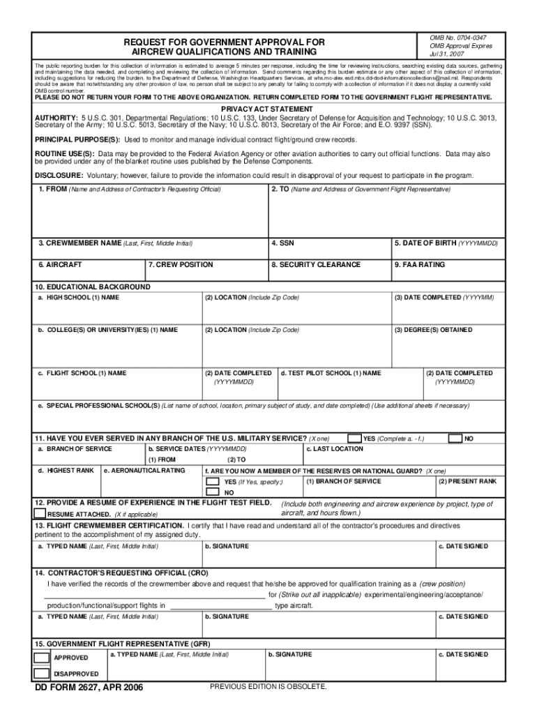 Fillable Online DD Form 2627, Request for Government Approval for ...