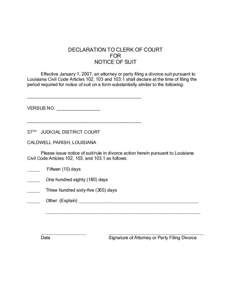 Fillable Online PDF declaration to clerk of court for notice of suit ...
