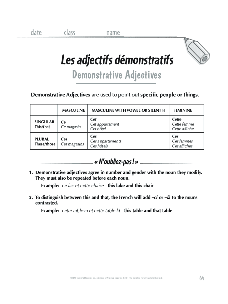 Fillable Online Demonstrative adjectives: ce, cette, cet and ces ...