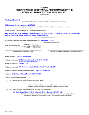 Fillable Online PDF FORM 9 CERTIFICATE OF SUBSTANTIAL PERFORMANCE OF ...