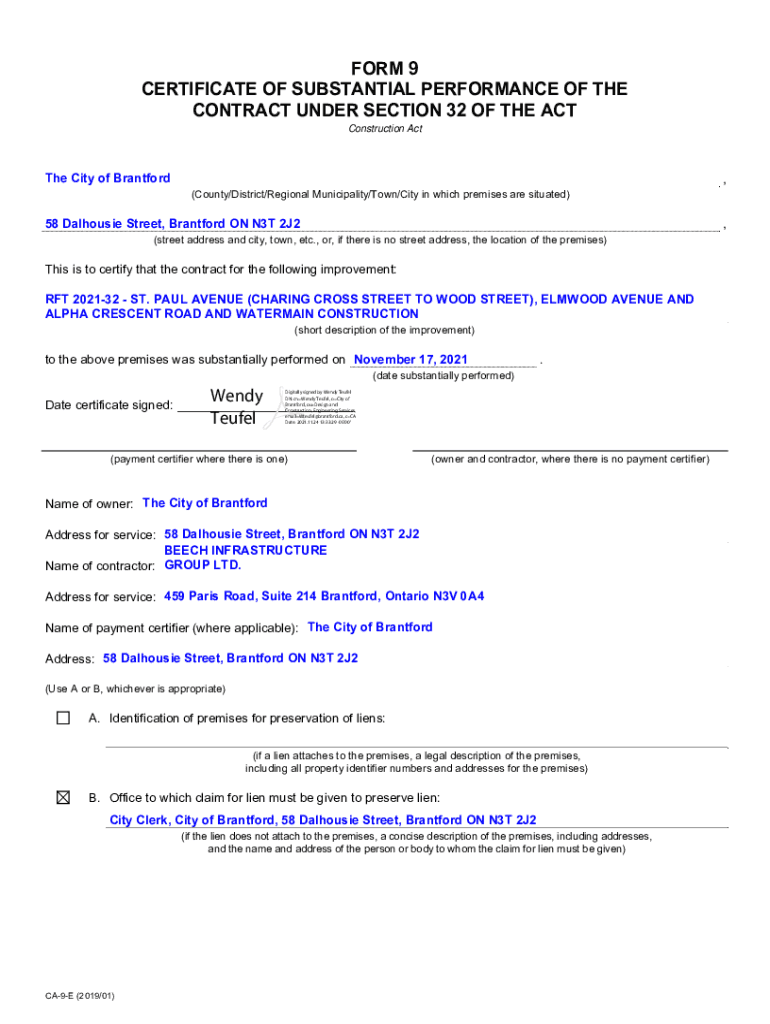Fillable Online PDF FORM 9 CERTIFICATE OF SUBSTANTIAL PERFORMANCE OF ...