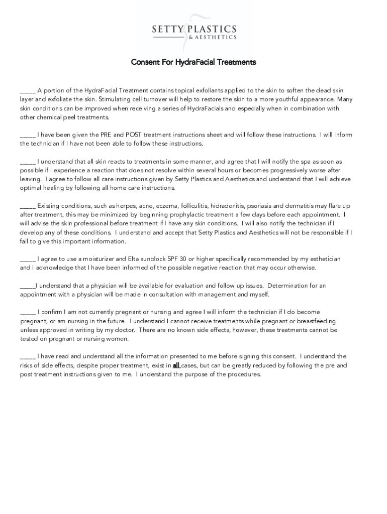 Fillable Online HydraFacial treatment Consent form - The Spa at Mecca ...