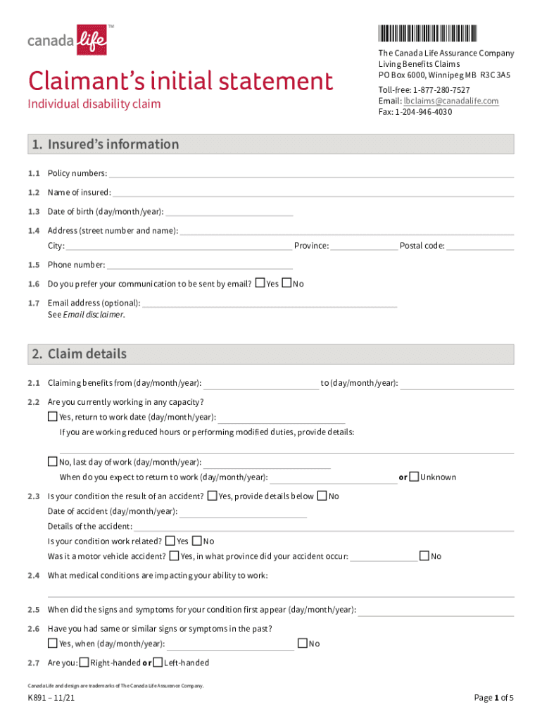 Fillable Online Disability - initial claim form - K891 (CL). This form ...