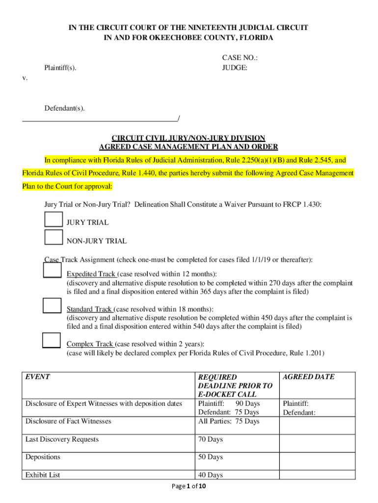 Fillable Online Fillable Online Agreed Case Management Plan and Order ...