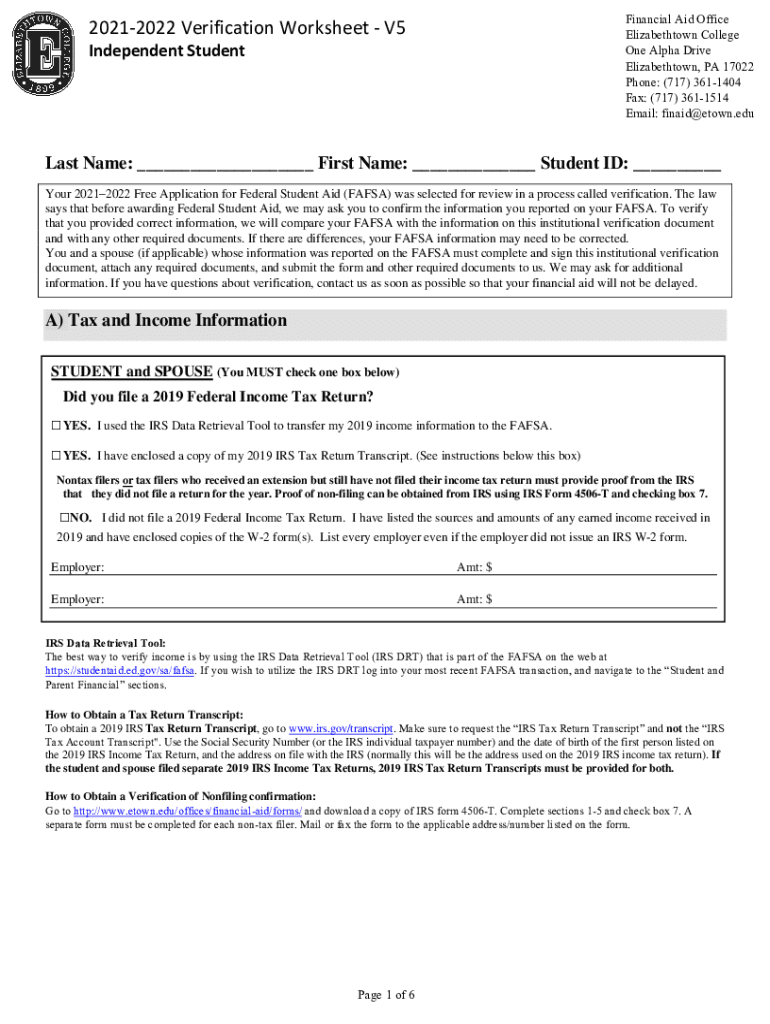 Fillable Online 2021-2022 Verification Worksheet V5 Financial Aid Office Fax Email Print - pdfFiller