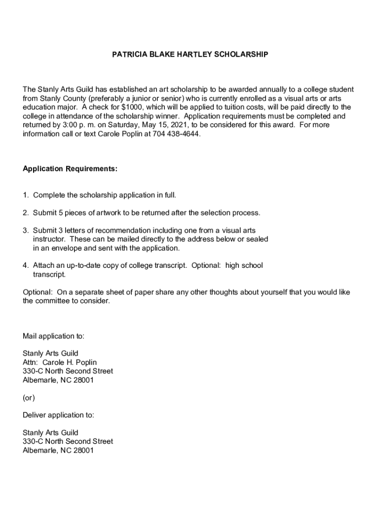 Fillable Online Fillable Online PATRICIA BLAKE HARTLEY SCHOLARSHIP ...