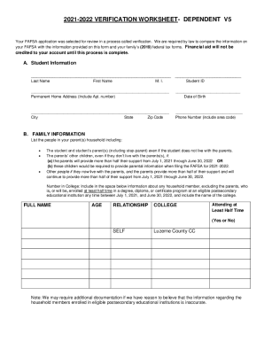 Fillable Online 2021-2022 VERIFICATION WORKSHEET- DEPENDENT V5 Fax Email Print - pdfFiller