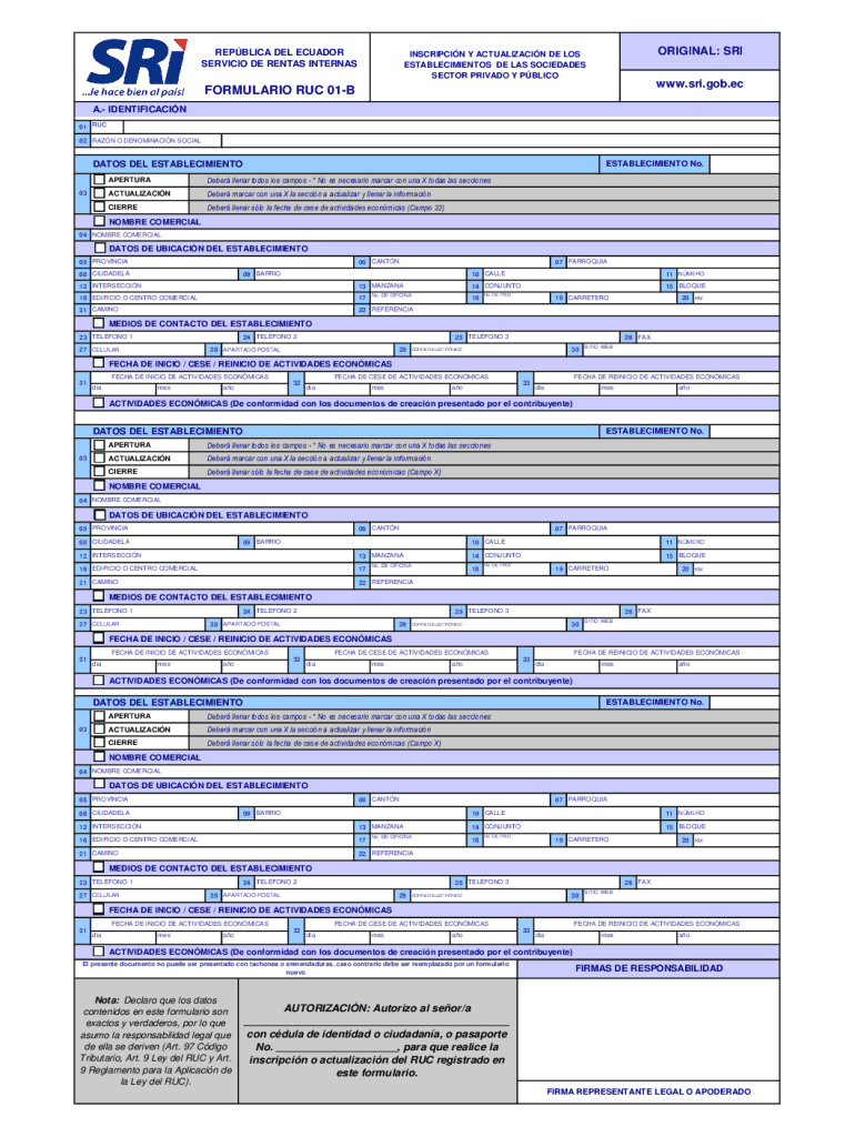 Fillable Online www.sri.gob.ec FORMULARIO+RUC01BFORMULARIO RUC 01-B www ...