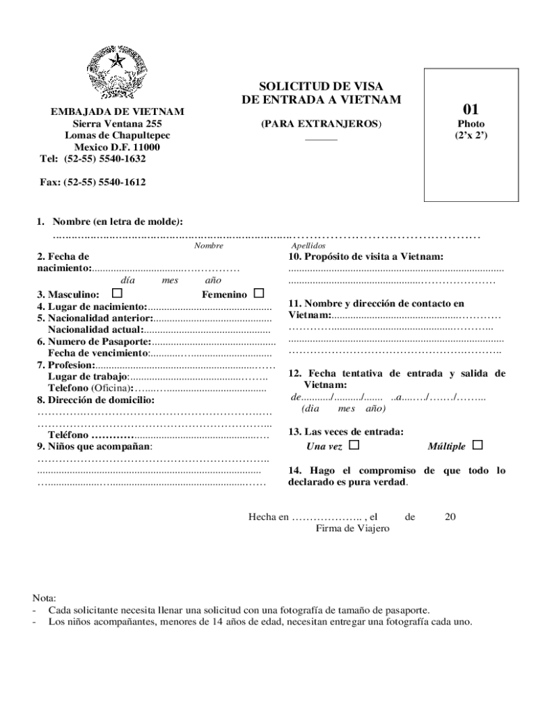Fillable Online Vietnam visa application formEmbassy of Vietnam in ...