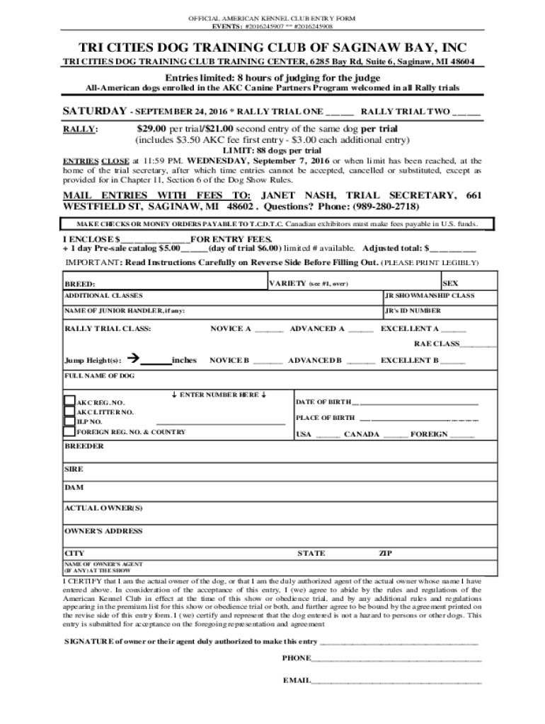 Fillable Online OFFICIAL AMERICAN KENNEL CLUB ENTRY FORM TRI CITIES DOG ...