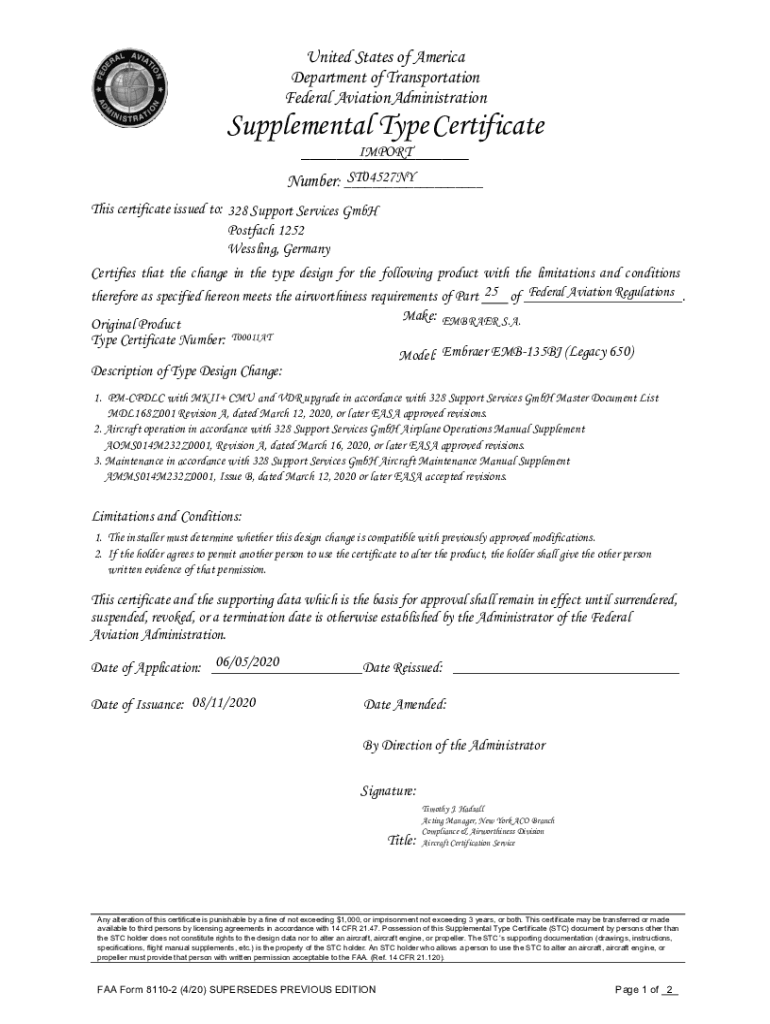 Fillable Online rgl faa Supplemental Type Certificate - Federal ...