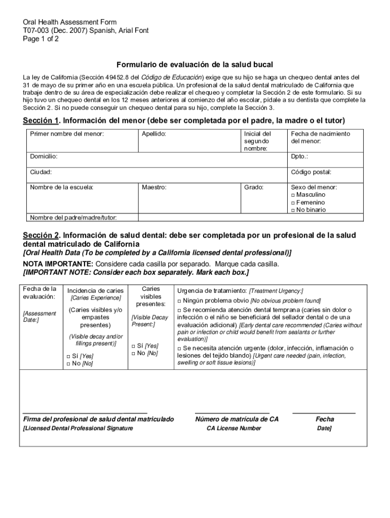 Fillable Online PDF Oral Health Assessment Form (Spanish) - CA.gov Fax ...