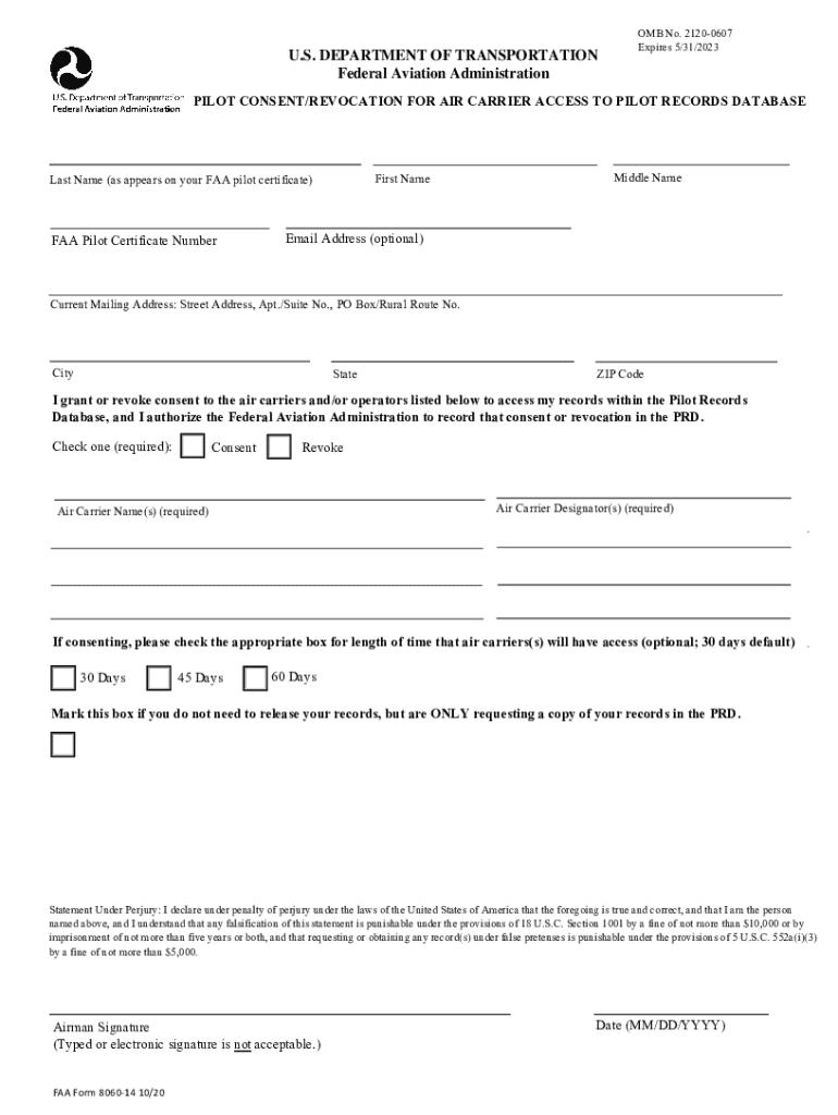 Fillable Online 8060 14 Pilot Consent Revocation for Air Carrier Access ...