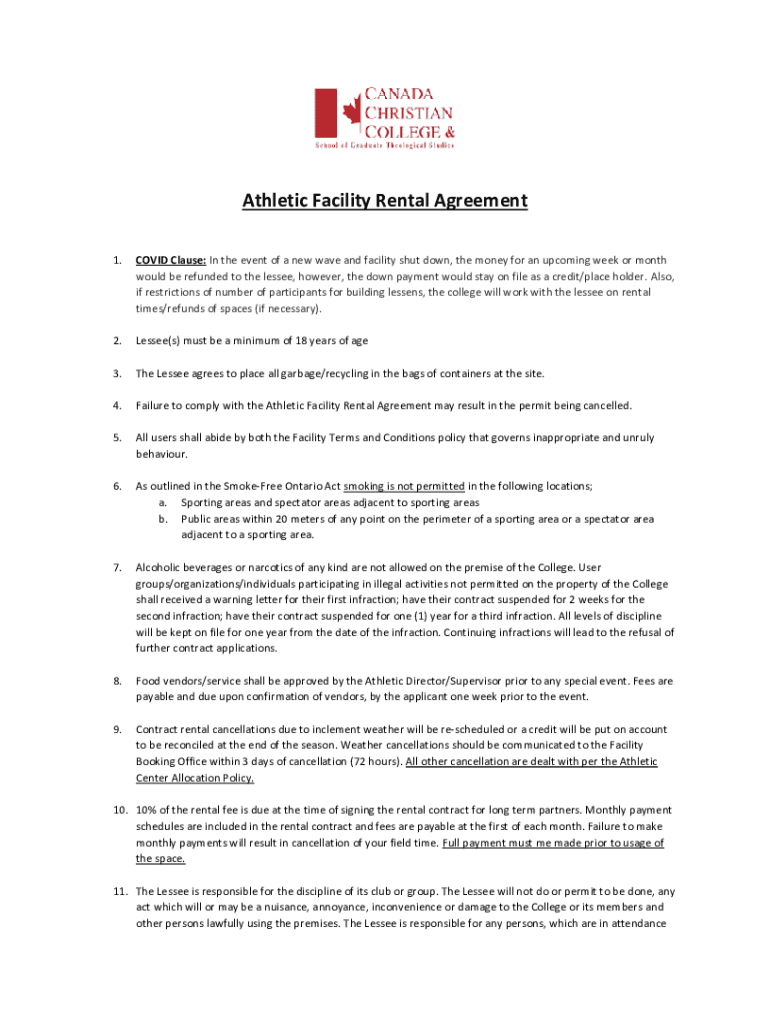 Fillable Online Athletic Facility Rental Agreement - Canada Christian ...