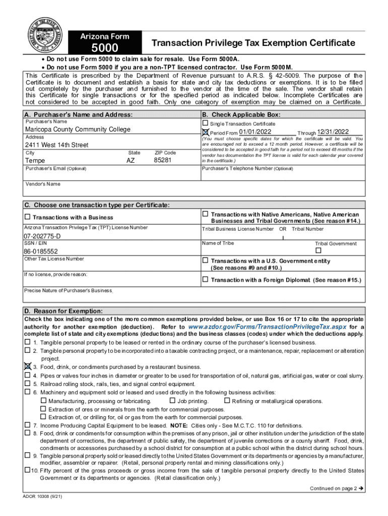 Fillable Online PDF Form 5000 - Arizona Transaction Privilege Tax ...