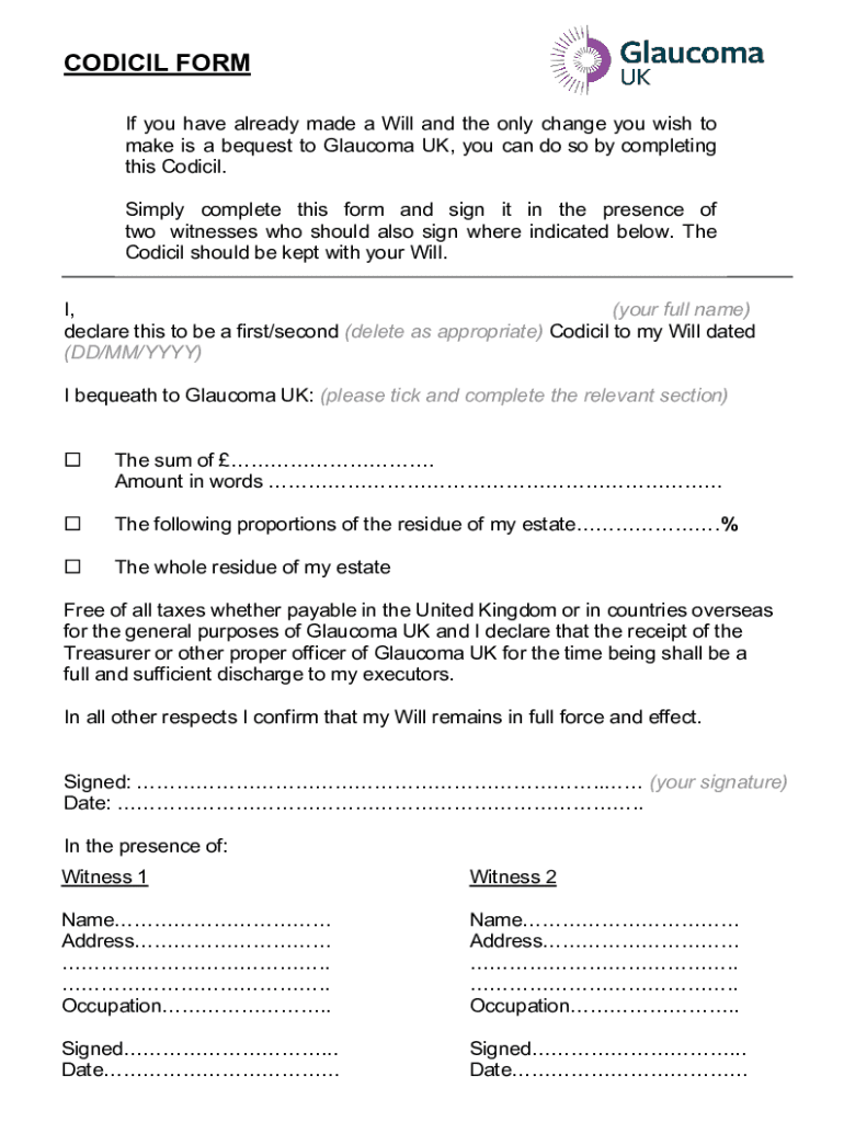 Fillable Online CODICIL FORM - glaucoma.uk Fax Email Print - pdfFiller
