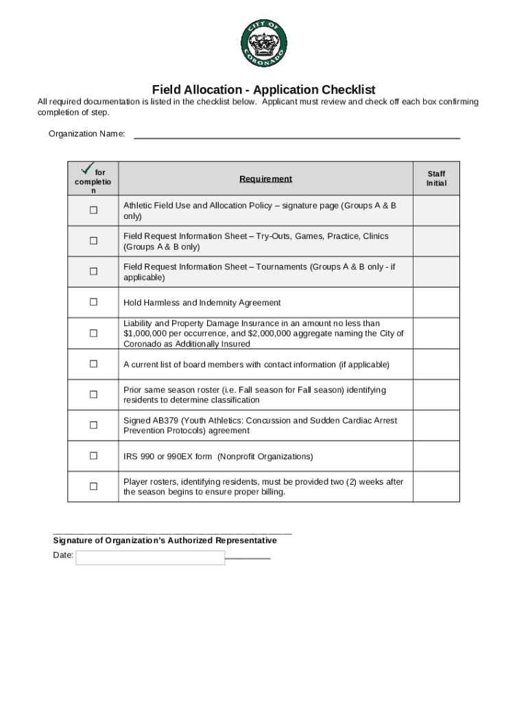 Field Application and Agreement - City of Coronado Doc Template | pdfFiller