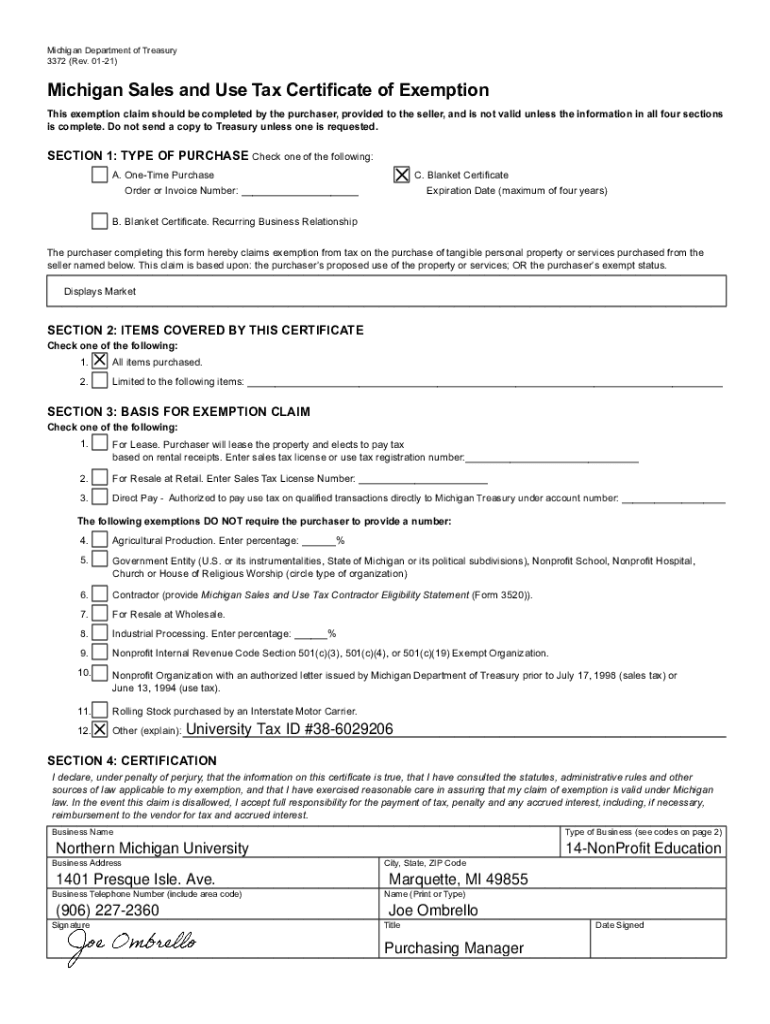 Fillable Online Michigan Sales and Use Tax Certificate of Exemption ...