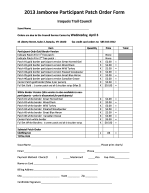 Fillable Online itcbsa 2013 Jamboree Participant Patch Order Form ...
