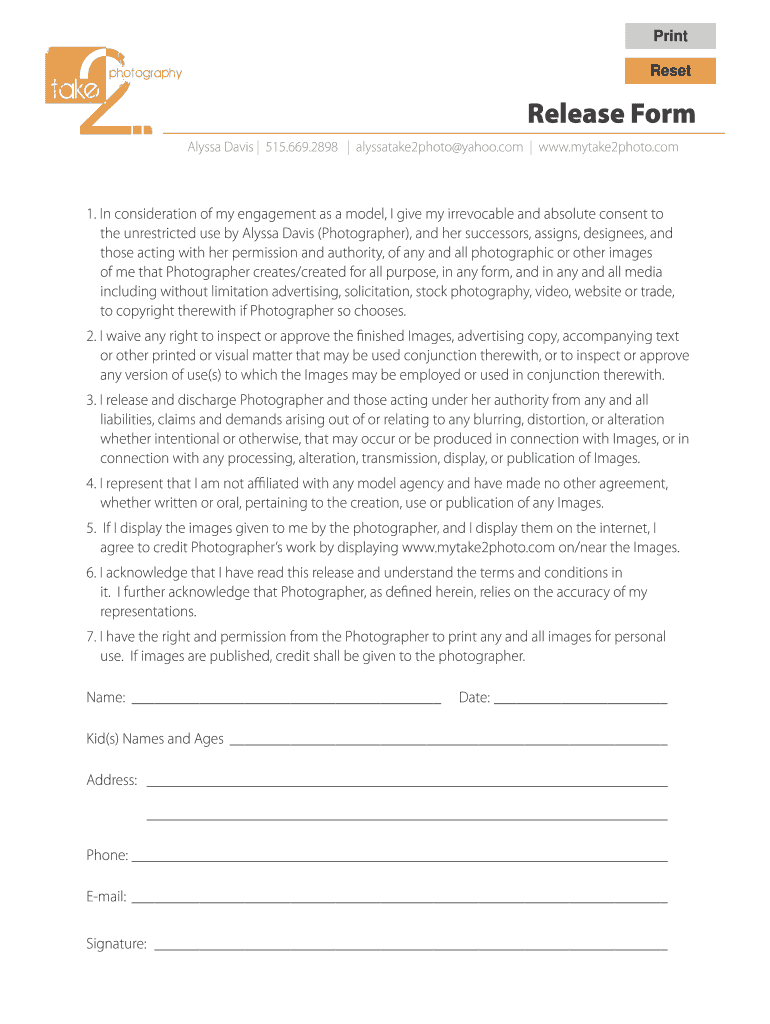Fillable Online Release Form - Take 2 Photography Fax Email Print - pdfFiller