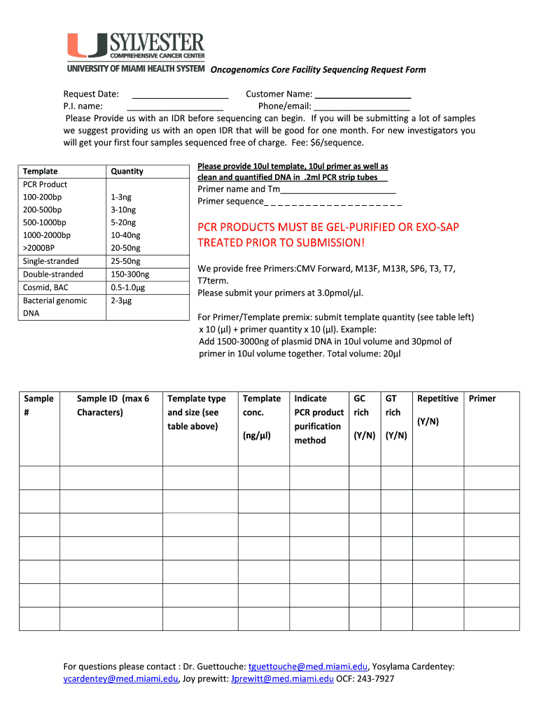 Fillable Online sylvester Pcr products must be gel-purified or exo-sap ...