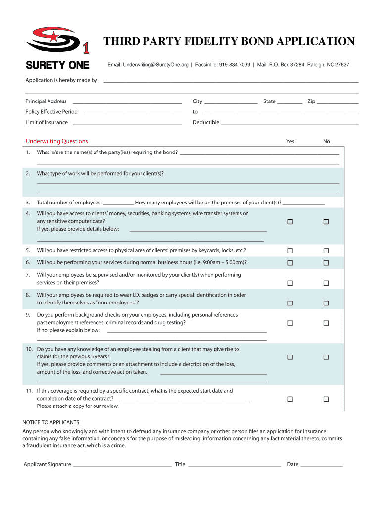 Fillable Online suretyone THIRD PARTY FIDELITY BOND APPLICATION - Surety One, Inc. Fax Email ...
