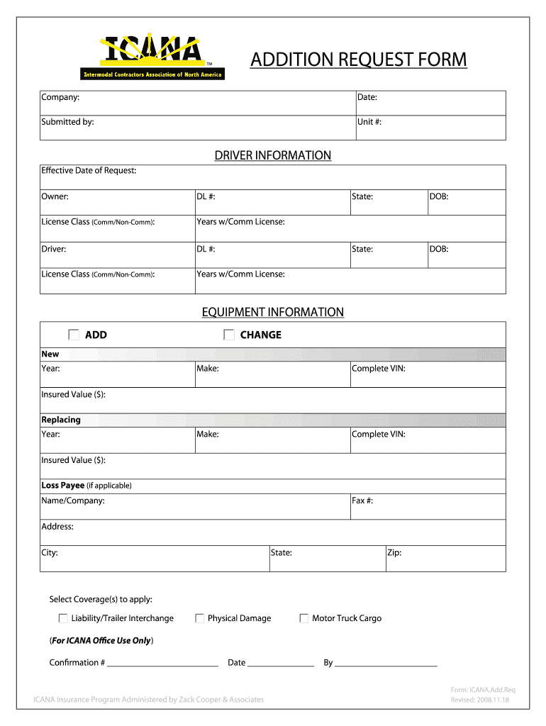 Fillable Online ADDITION REQUEST FORM - The Intermodal Insurance ...