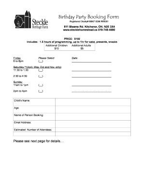 Fillable Online Birthday Party Booking Form - Steckle Heritage Farm Fax ...