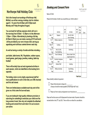 Fillable Online Northorpe Hall Holiday Club Booking and Consent Form ...