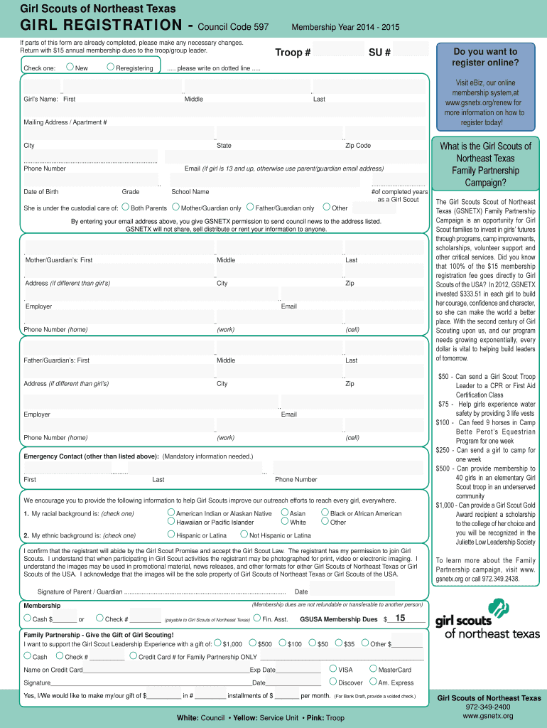 Fillable Online gsnetx Girl Membership Registration 2014-15 - Girl ...