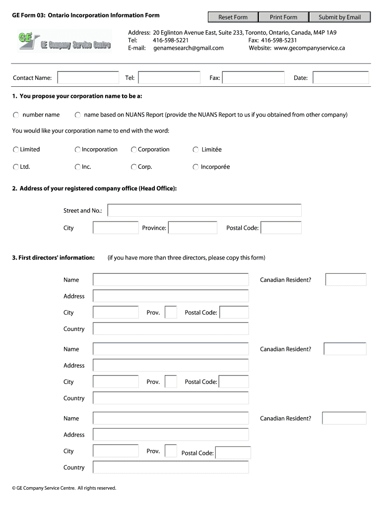 Fillable Online GE Form 03: Ontario Incorporation Information Form Fax ...