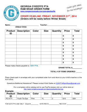 Fillable Online GEORGIA O'KEEFFE PTA RAM WEAR ORDER FORM ORDER ... Fax ...