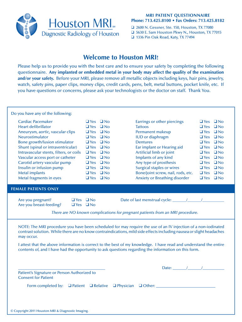 Fillable Online Welcome to Houston MRI - Houston MRI amp Diagnostic Imaging Fax Email Print ...