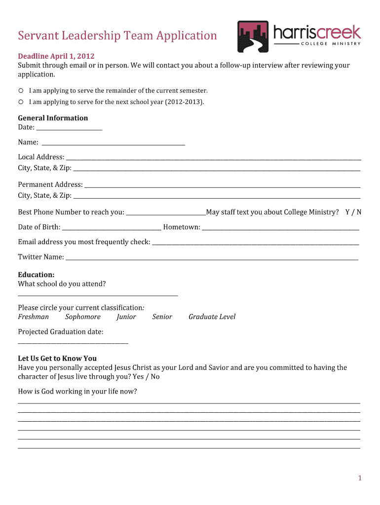 Fillable Online harriscreek Servant Leadership Team Application ...